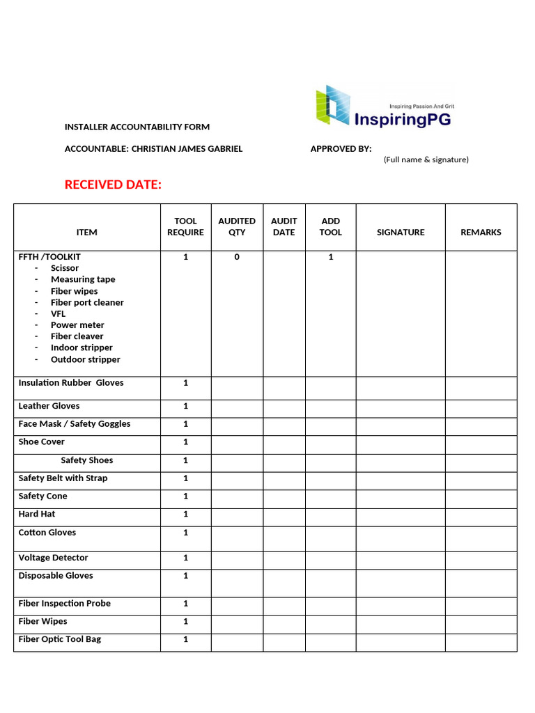 Installer - Accountability Form | PDF | Equipment