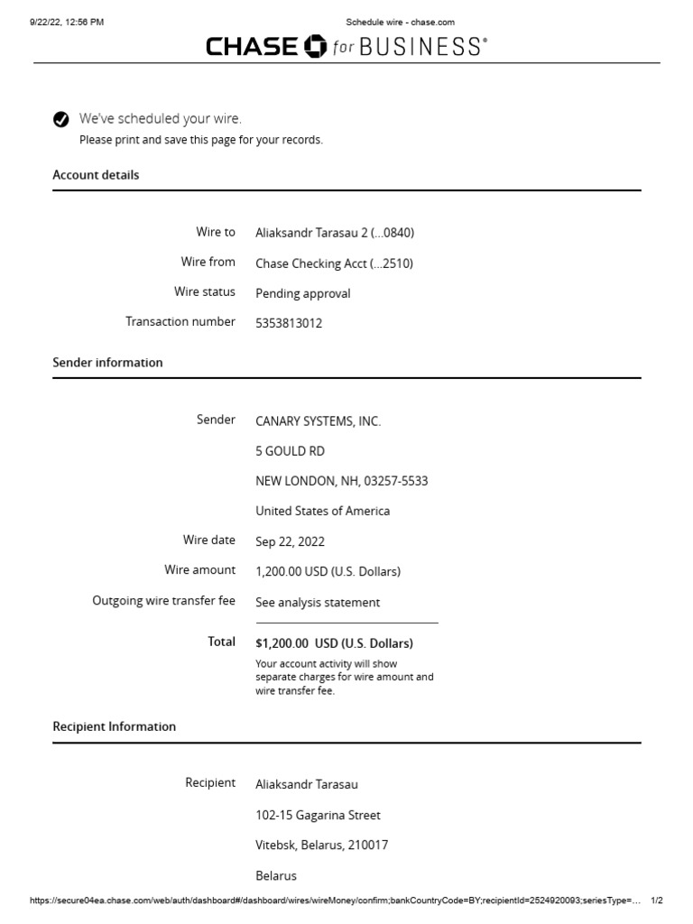 Schedule Wire | PDF | Chase Bank | Wire Transfer