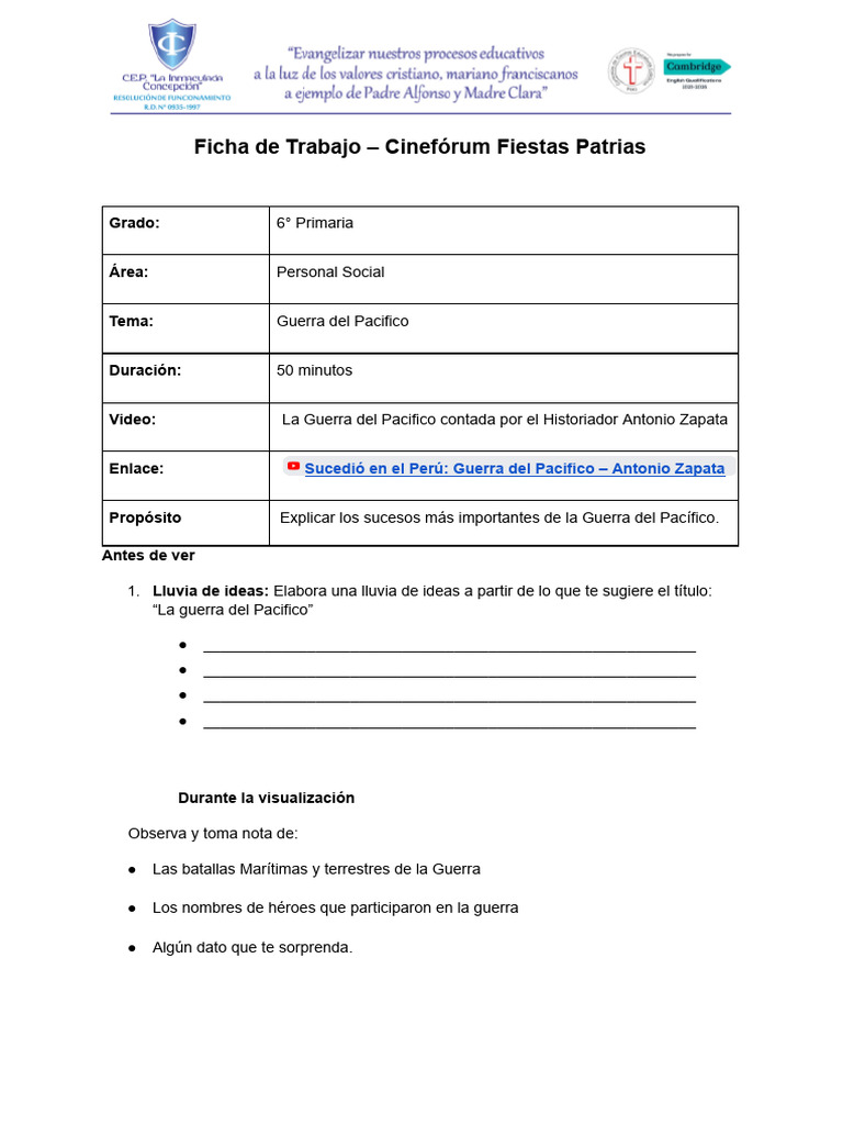 Ficha de Trabajo 6TO GRADO - Cinefórum Fiestas Patrias | PDF