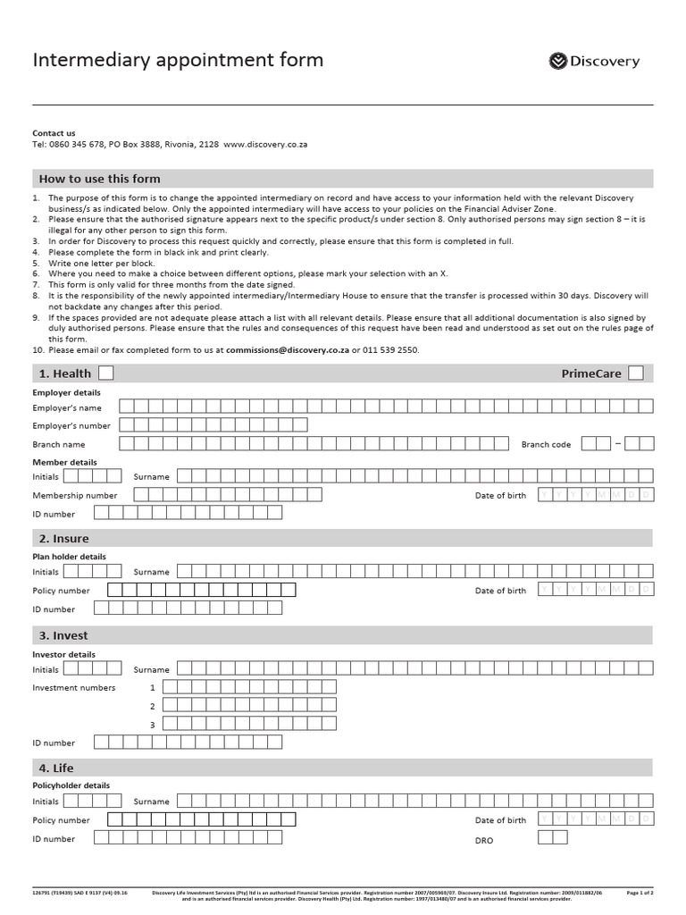 Discovery Broker Intermediary Appointment Form | PDF | Insurance