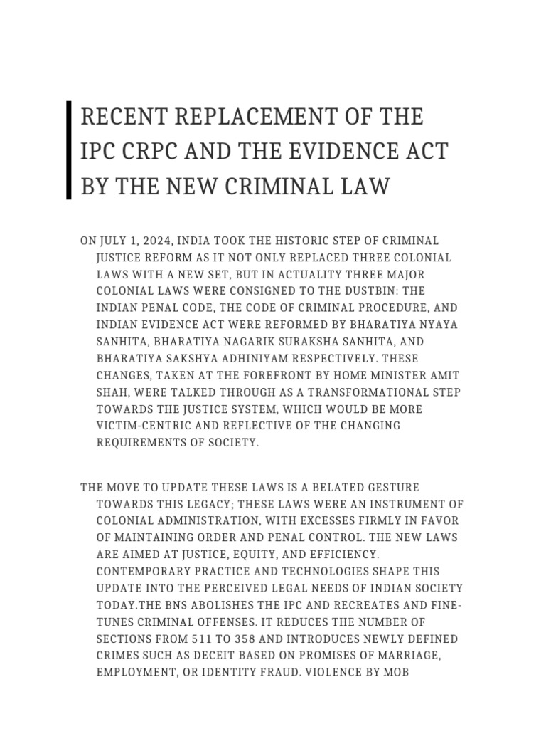 Reform of IPC, CRPC, and Evidence Act | PDF | Crimes | Crime & Violence