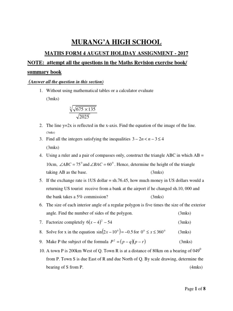 Form 4 Maths August Holiday Assignment | PDF | Mathematics | Number Theory