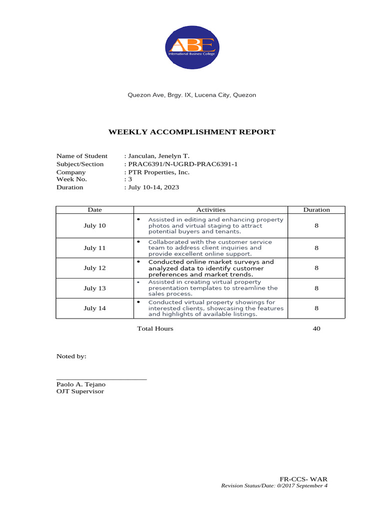 Weekly Accomplishment Report: OJT Activities | PDF