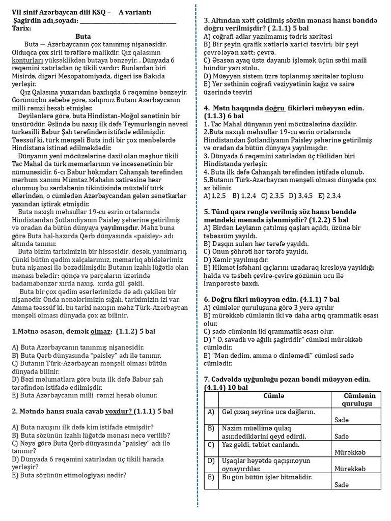 VII Sinif KSQ - 7 AB Variantı | PDF