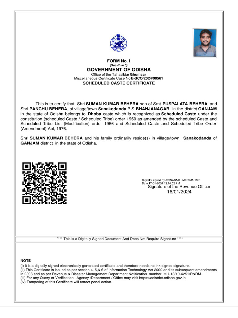 Scheduled Caste Certificate for Suman Behera | PDF