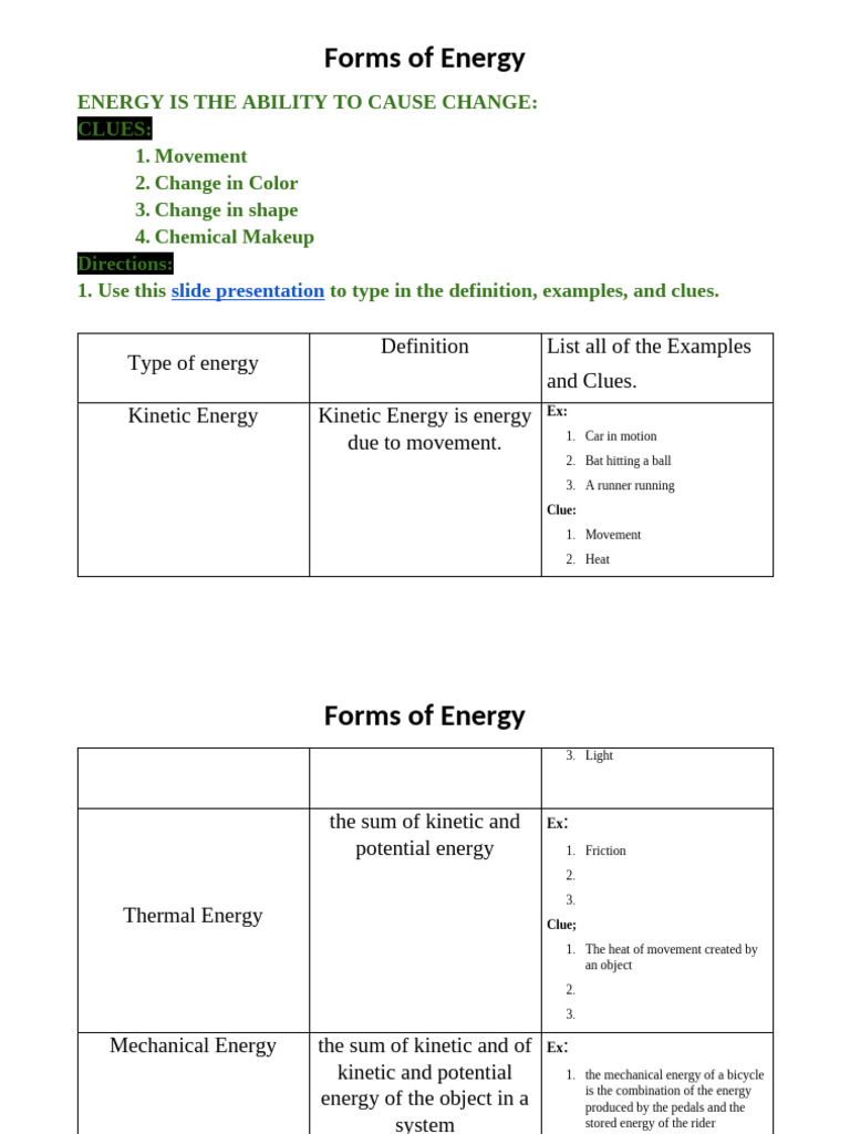 WJF Forms of Energy Vocabulary Graphic Organizer - Docx (HH) 2023 | PDF ...