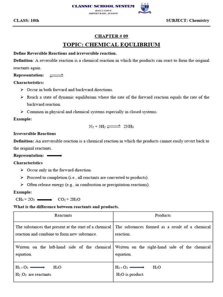 Chemistry Notes-10th (CH# 9 & 11) | PDF | Chemical Equilibrium ...