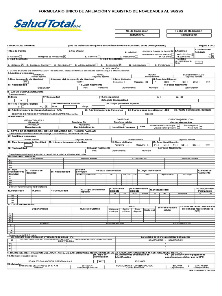 Formulario de Afiliación Salud Total | PDF