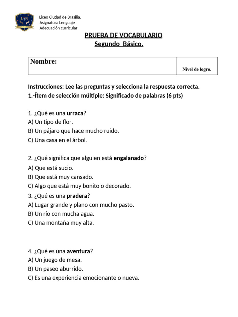 Prueba de vocabulario para Segundo Básico | PDF