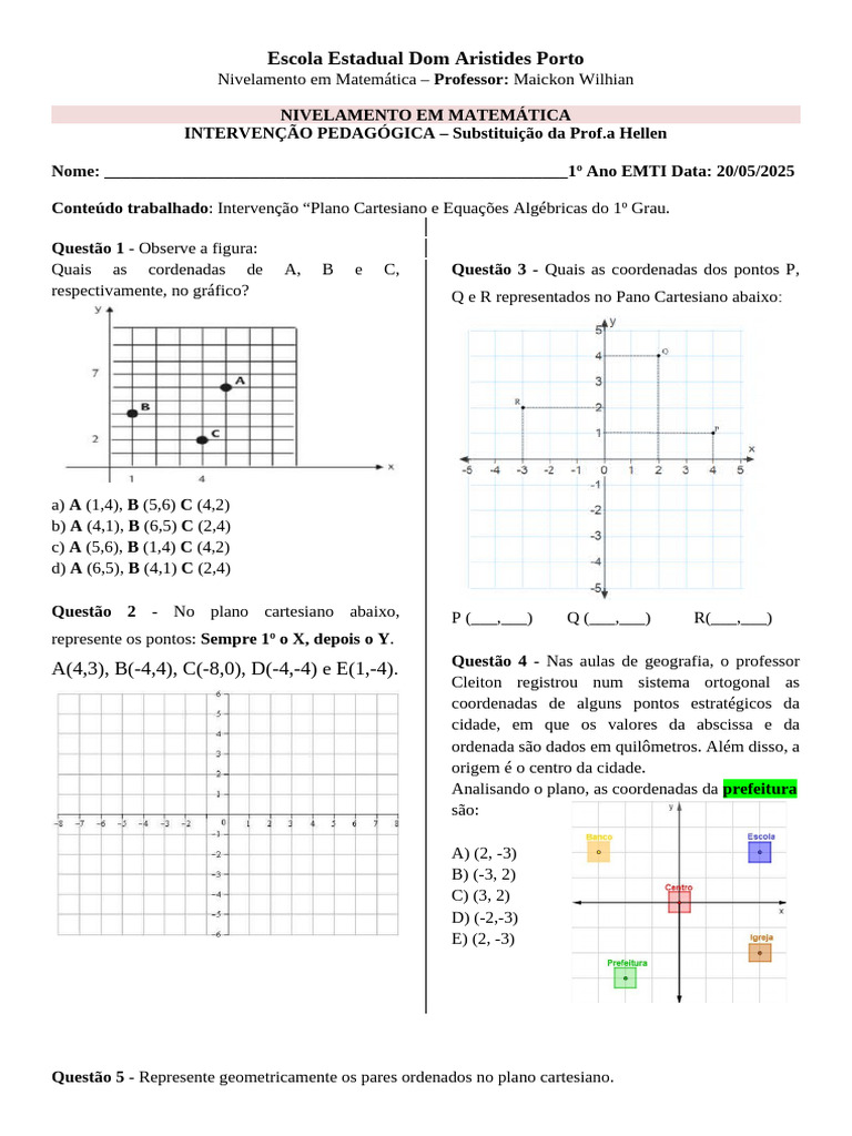 Nivelamento em Matemática - 1º Ano EMTI | PDF | Sistema de coordenada ...
