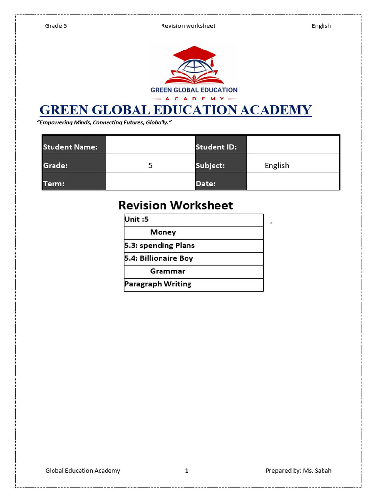 Grade 5 English Revision Worksheet | PDF | Adverb | Noun