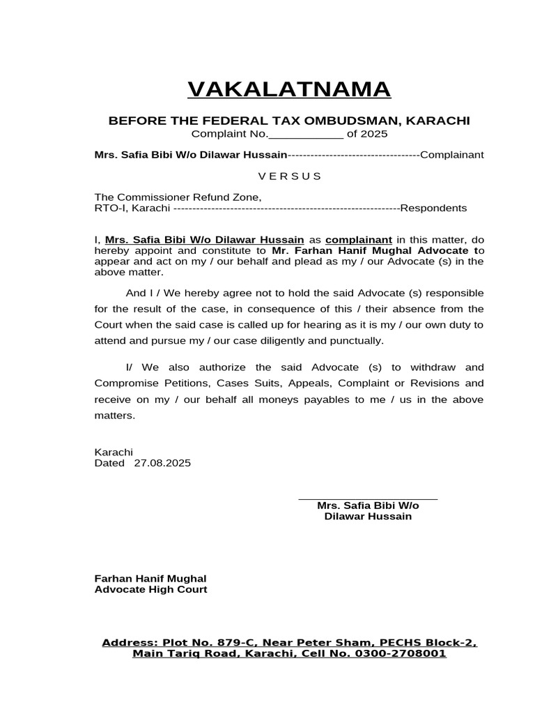 Vakalatnama / Authorization Letter FTO | PDF