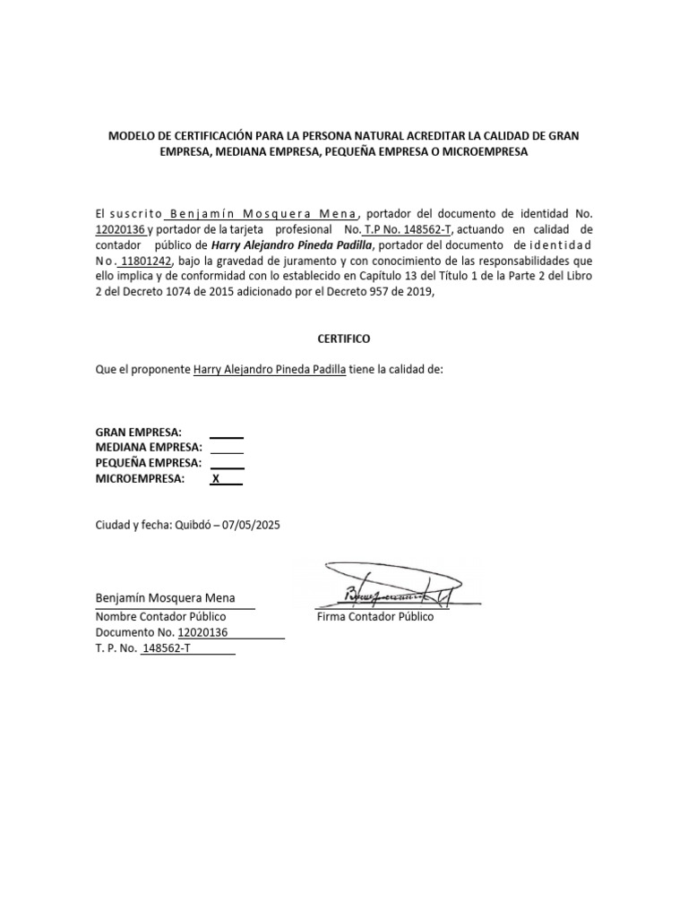 Certificación de Microempresa de Harry Pineda | PDF