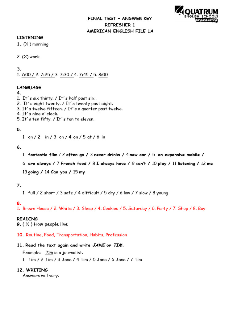 r1 Final Test Answer Key 2010 | PDF