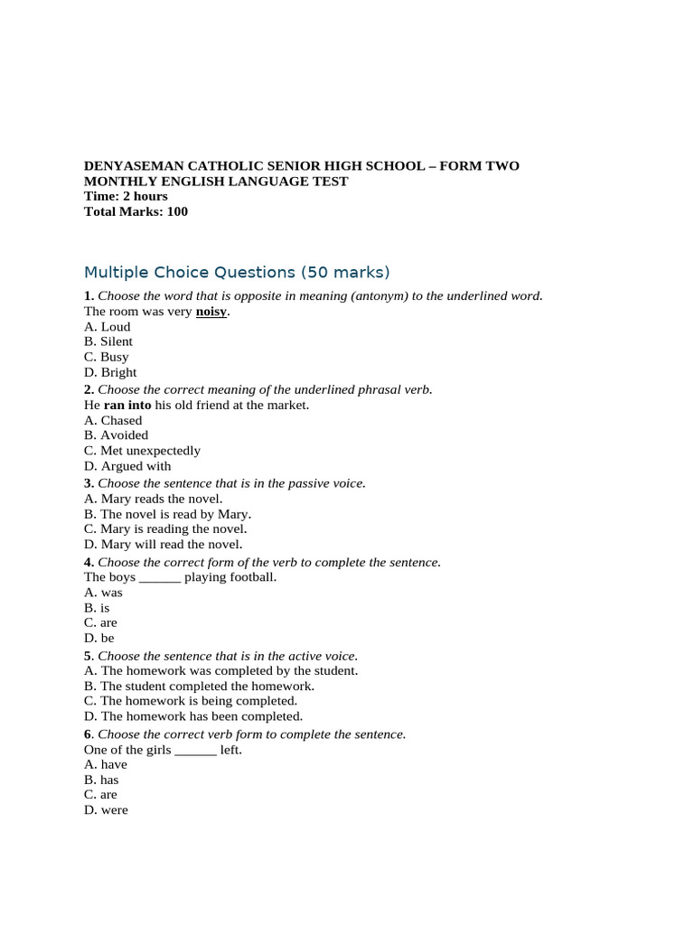 Form Two English Language Test Guide | PDF