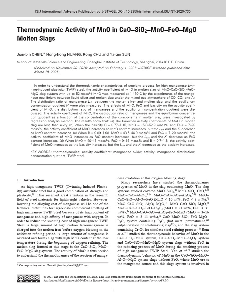 Thermodynamics of MnO in Molten Slags | PDF | Steel | Manganese