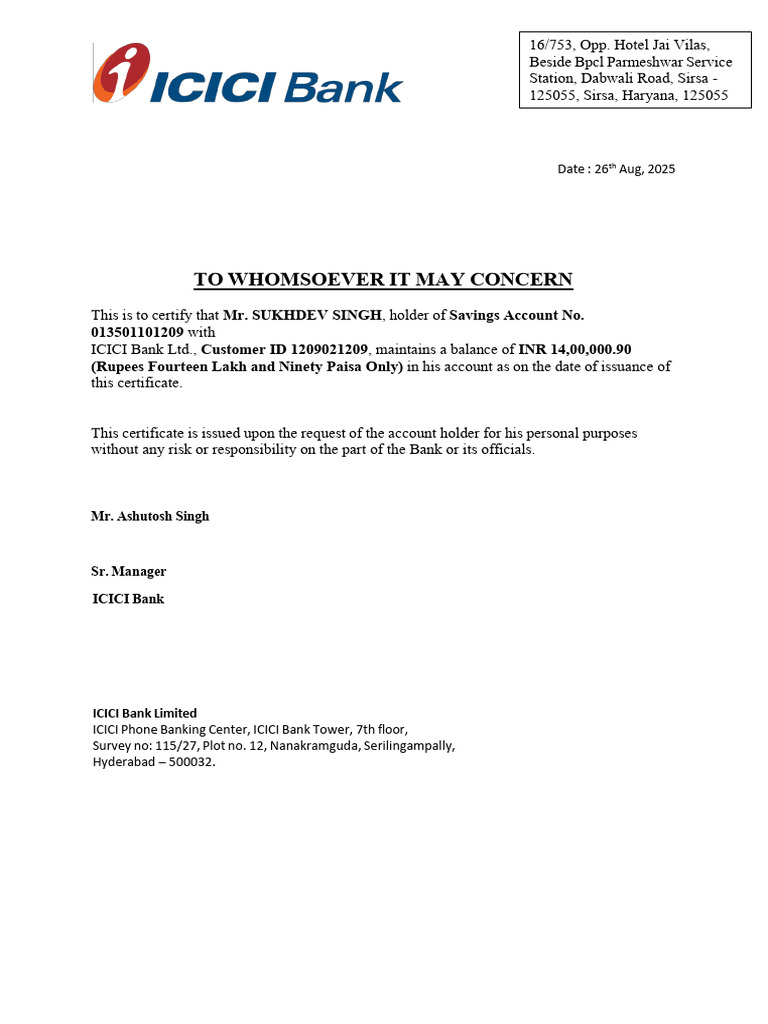 ICICI Bank Balance Certificate for Sukhdev Singh | PDF