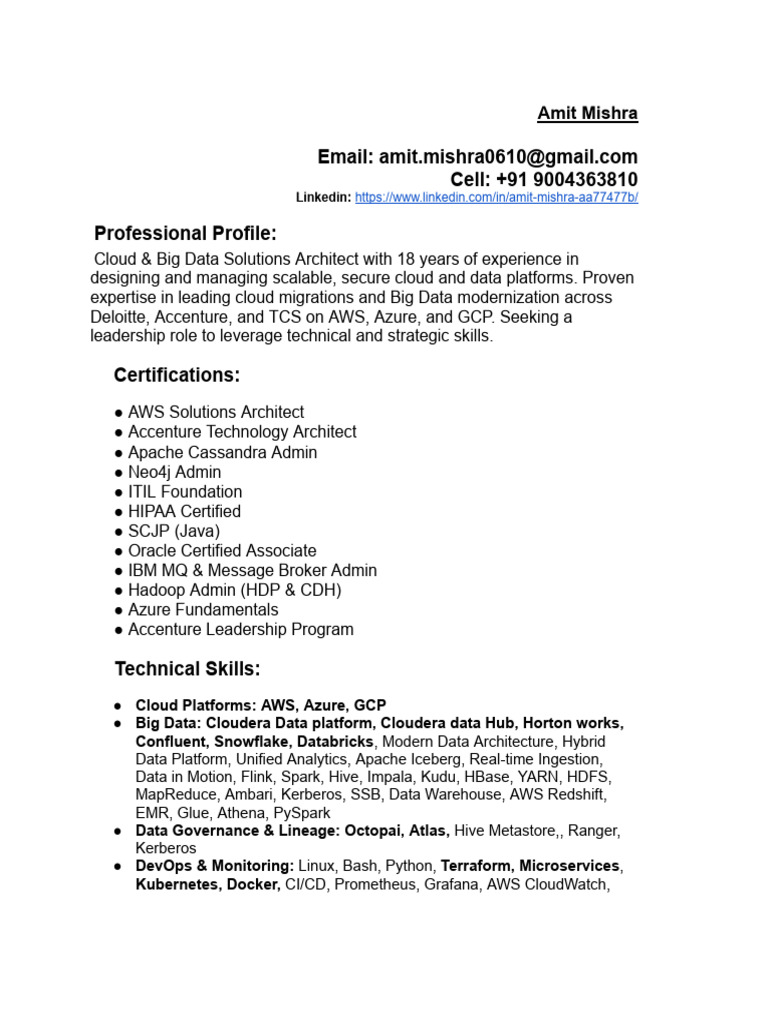 Amit Mishra CV Aug | PDF | Cloud Computing | Apache Spark