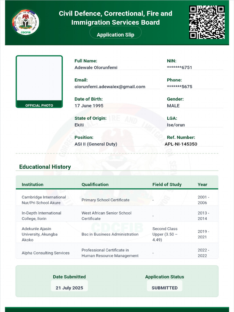 Adewale -Ezekiel Olorunfemi -Application-slip | PDF