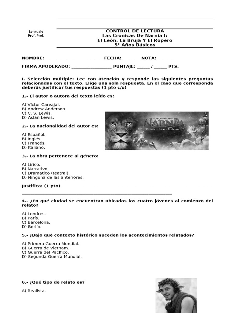 Prueba 'Las Crónicas de Narnia, el león, la bruja y el ropero' | PDF ...