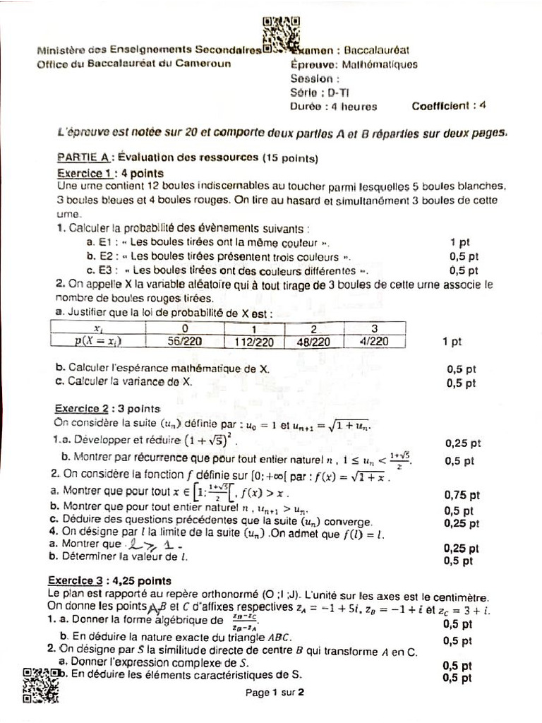 Preuve Et Corrigé de Mathématiques - Baccalauréat Série D-TI - Session 2025 Cameroun | PDF