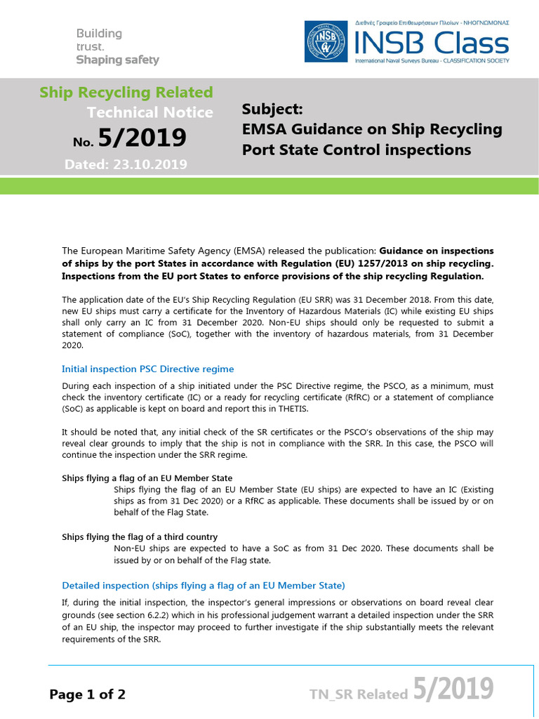 SR TN 05-2019-EMSA Guidance on Ship Recycling PSC Inspections | PDF