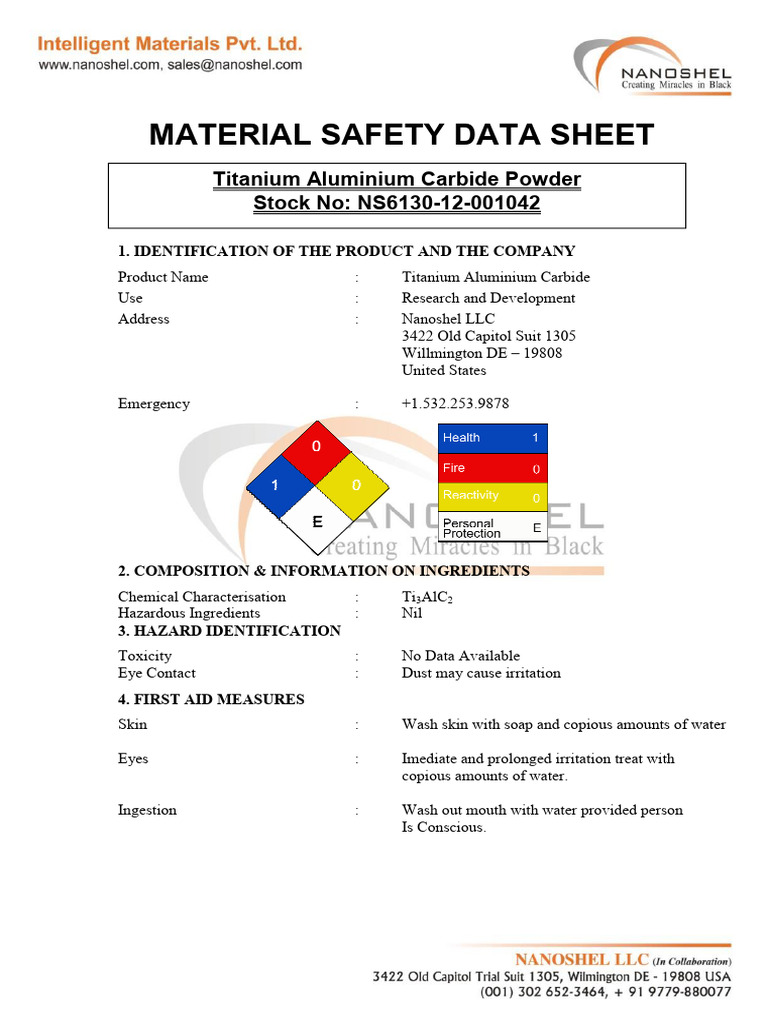 MAX Phase Titanium Aluminium Carbide Powder (Ti3AlC2, Purity - 99%, APS - 40-60Â M) MSDS-904 ...