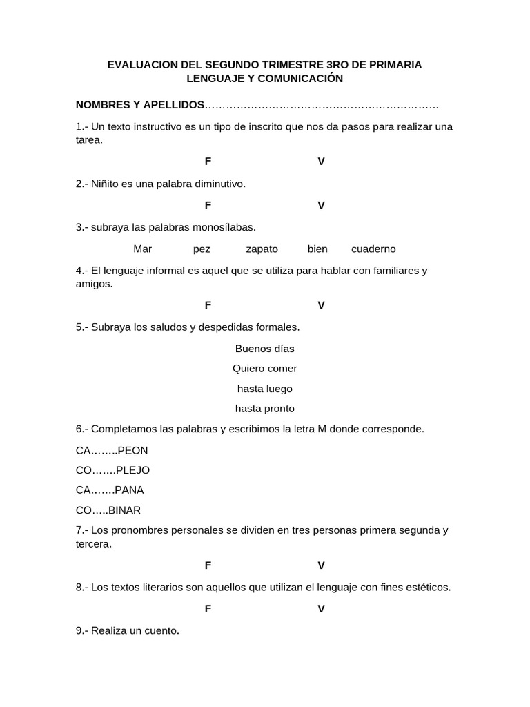 Evaluacion Del Segundo Trimestre 3ro de Primaria Lenguaje | PDF
