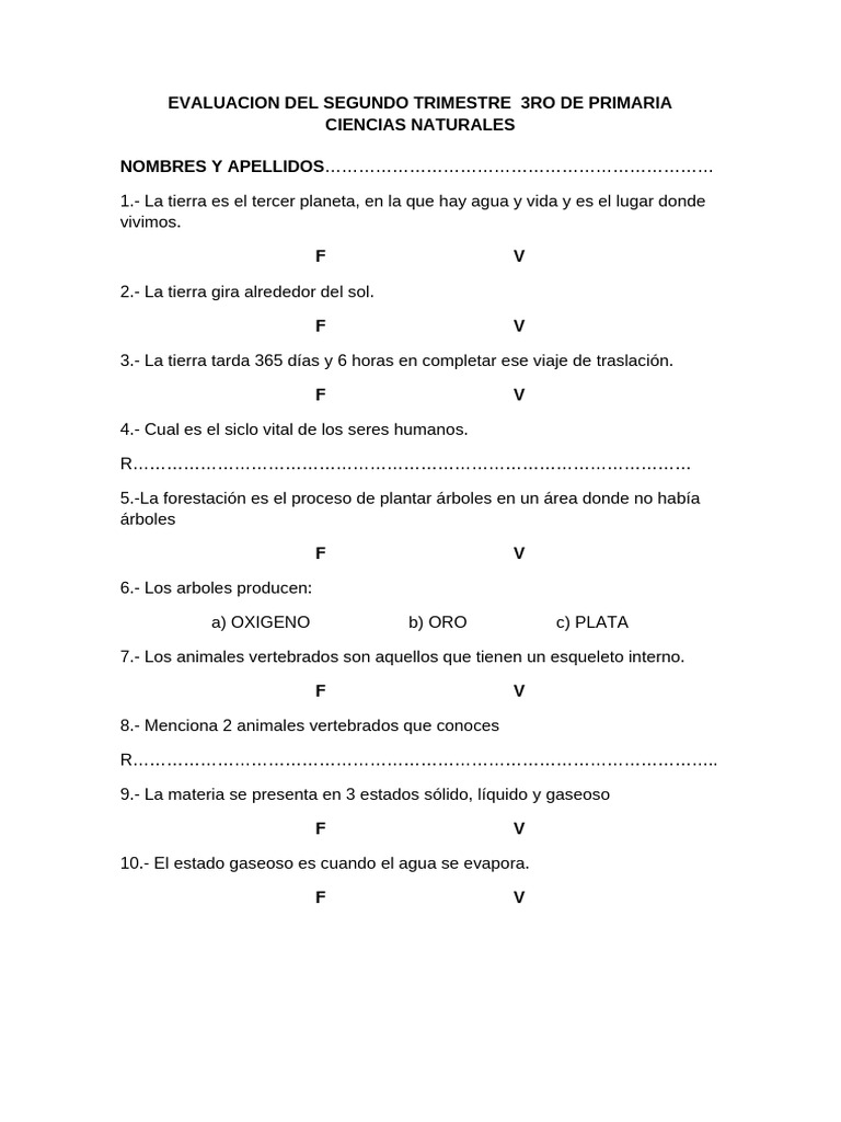 EVALUACION DEL SEGUNDO TRIMESTRE 3RO DE PRIMARIA Ciencias | PDF