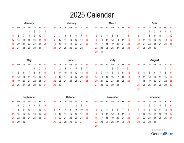 2025 Calendar Red Weekend Landscape Sunday Start | PDF