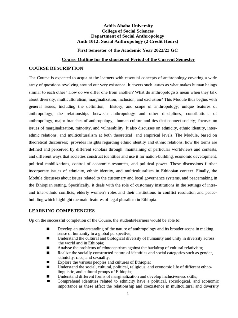AY2022-23-Course Outline-Anth 1012-Addis Ababa University | PDF | Anthropology | Ethnicity