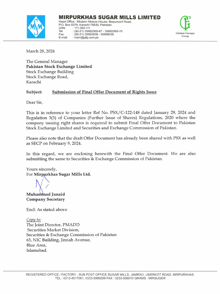 Submission of Final Offer Document For Rights Issue - Mirpurkhas Sugar ...