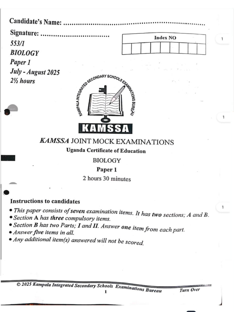 S.4 Biology 1 Kamssa Mocks 2025 Compressed | PDF