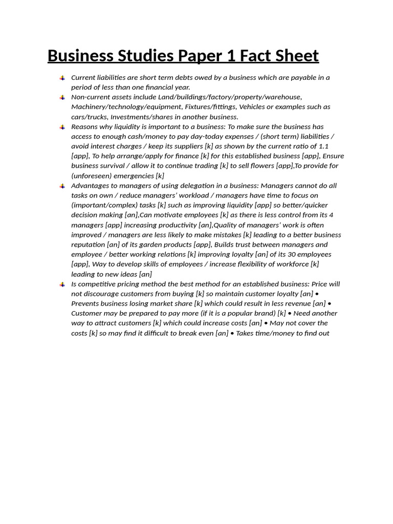Business Studies Paper 1 Fact Sheet | PDF | Interest | Employment