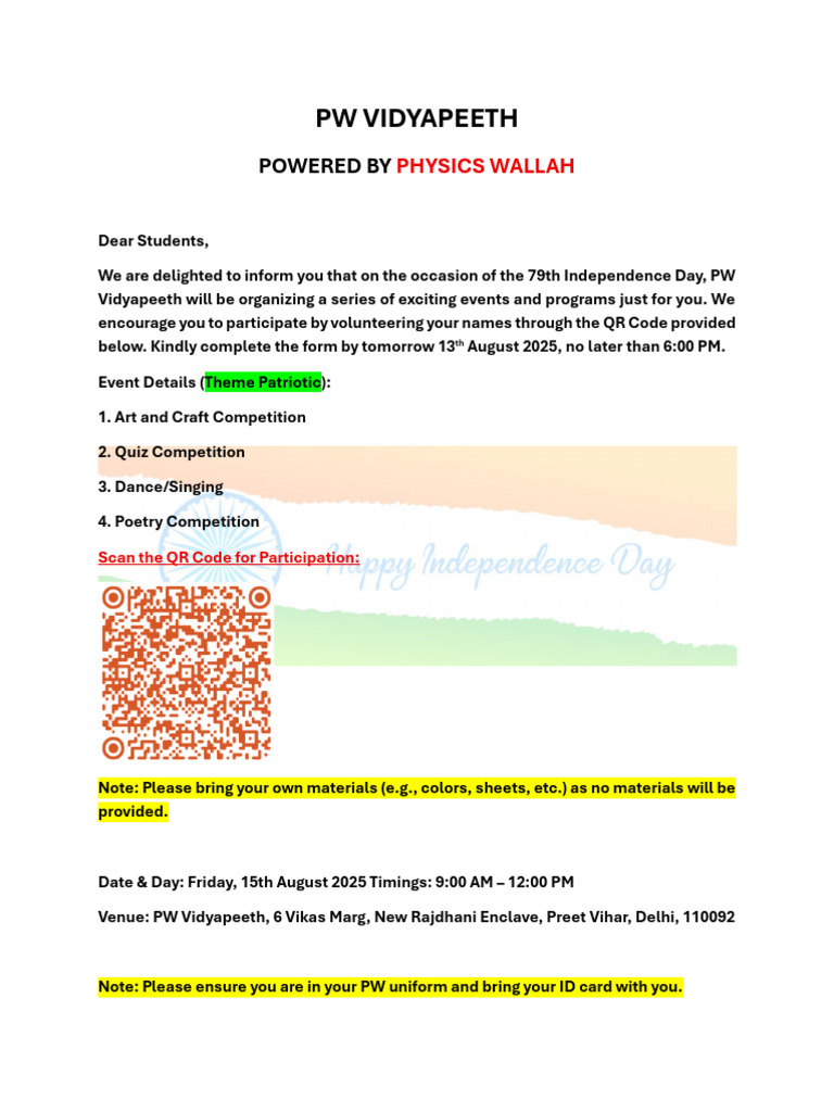Vidyapeeth Independence Day Participation Form | PDF