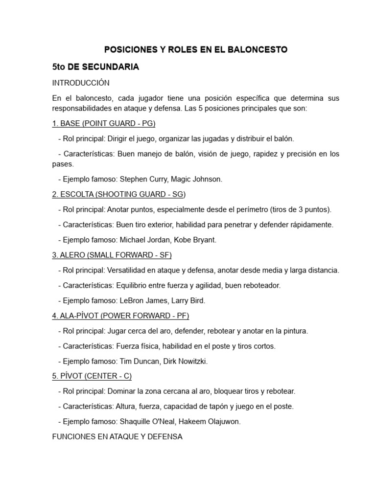 Posiciones y Roles en El Baloncesto | PDF