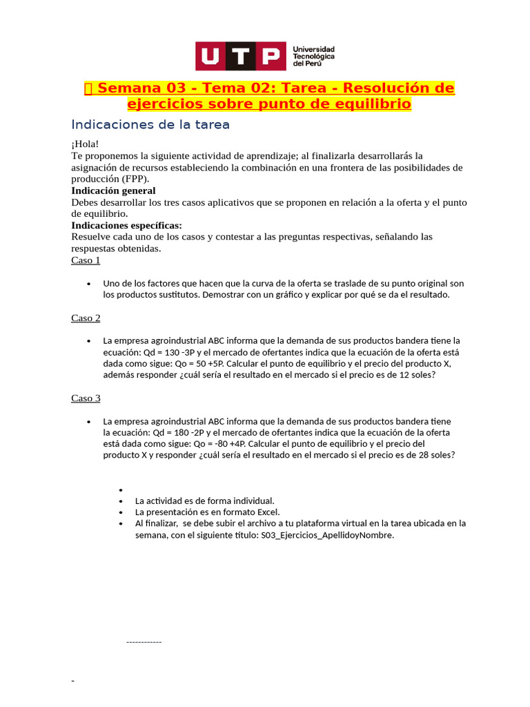 ? Semana 03 - Tema 02 Tarea - Resolución de Ejercicios Sobre Punto de Equilibrio - Micro y ...