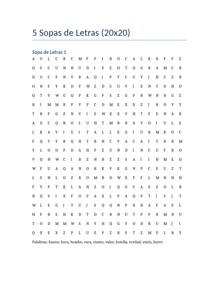5 Sopas de Letras 20x20 para Primaria | PDF