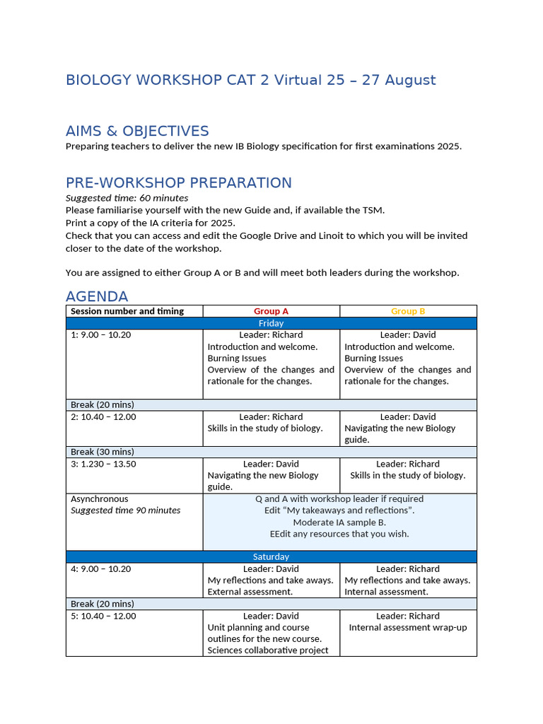 IB Biology Workshop for Teachers 2023 | PDF