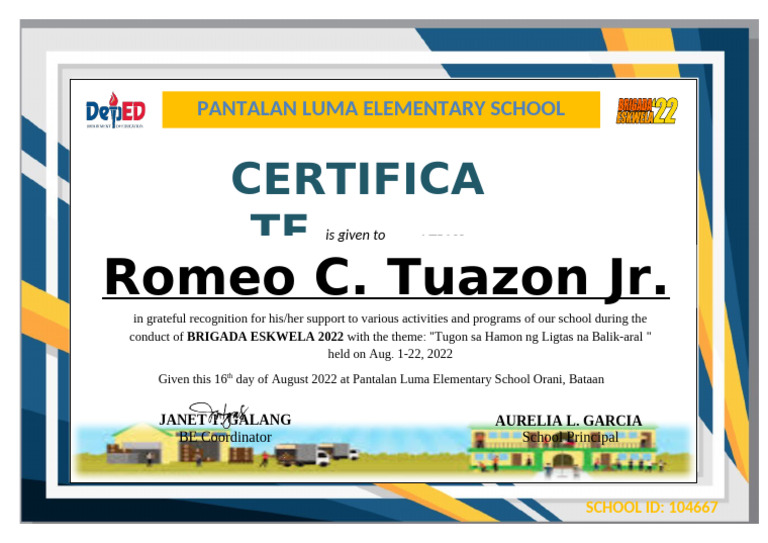 Award Certificates Brigada Eskwela | PDF