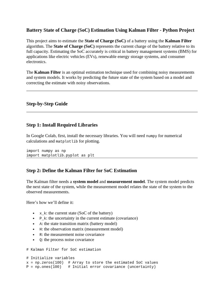 Battery State of Charge (SoC) Estimation Using Kalman Filter | PDF ...