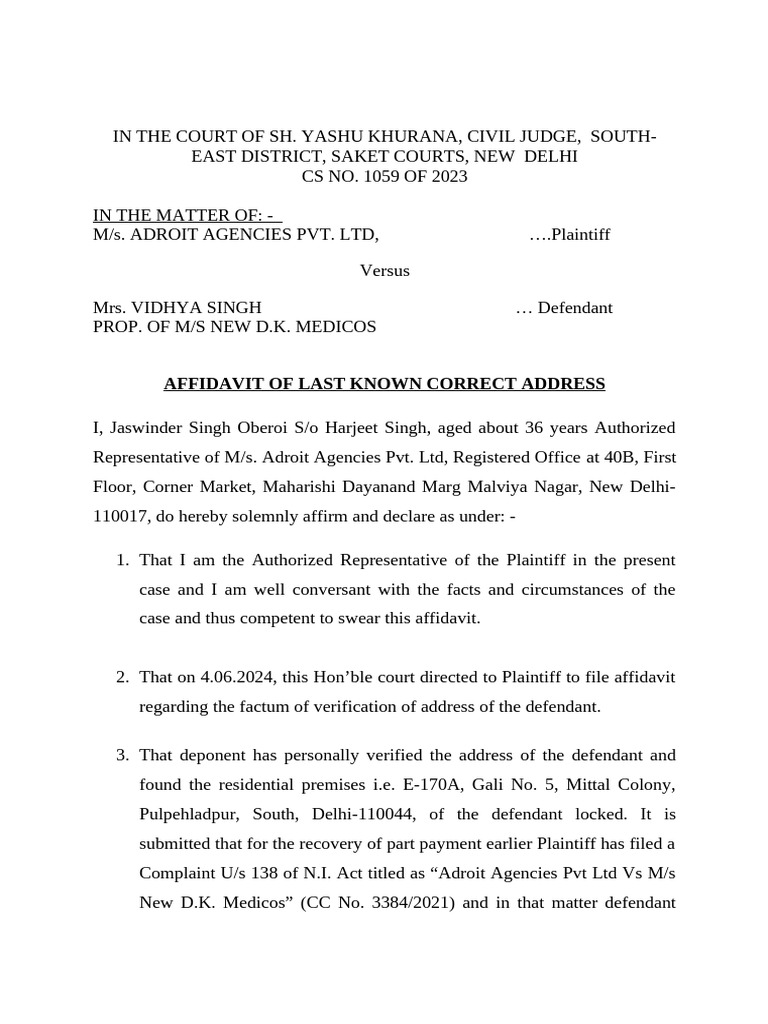Last Known Address Affidavit | PDF | Affidavit | Civil Law (Common Law)