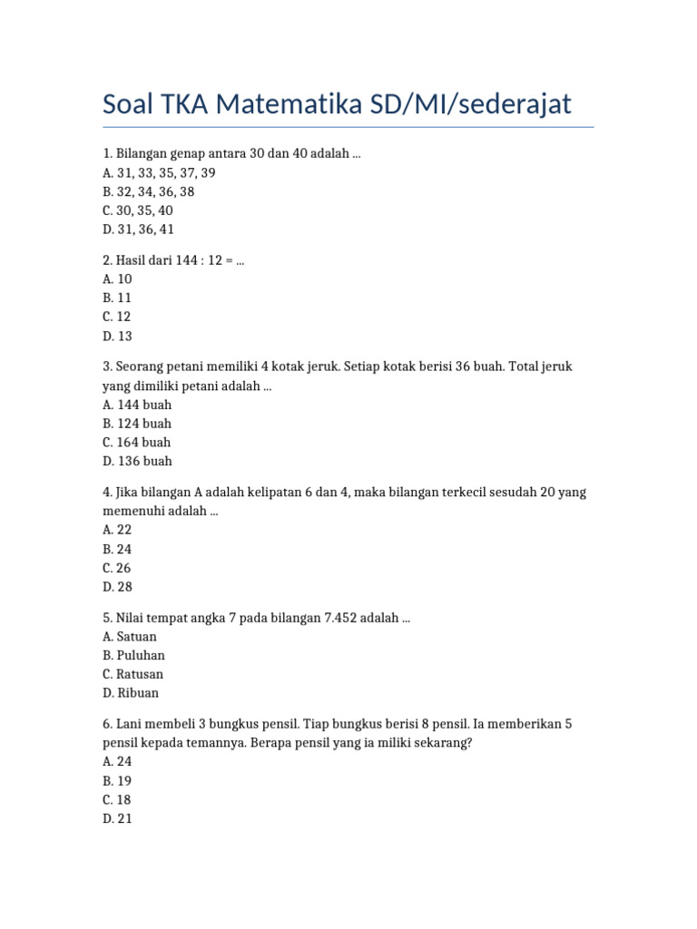 Soal TKA Matematika SD | PDF