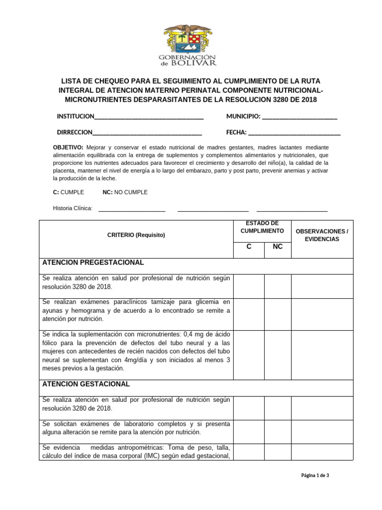 Lista de Chequeo Materno Perinatal Resolucion 3280 San Ese Hmep | PDF | El embarazo | Nutrición