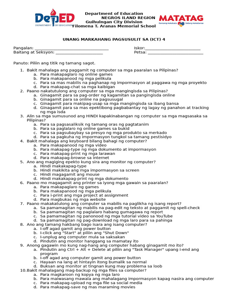 Q1 G4 EXAM EPP - ICT | PDF