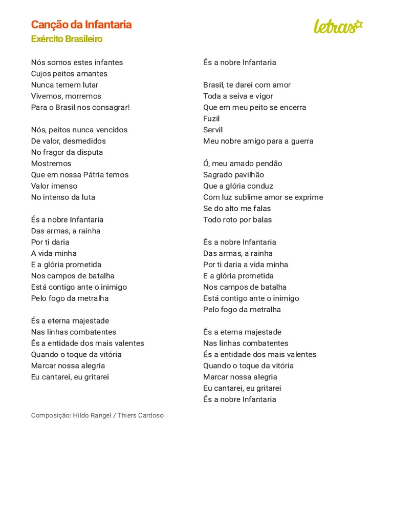 Canção Da Infantaria - Exército Brasileiro (Impressão) | PDF