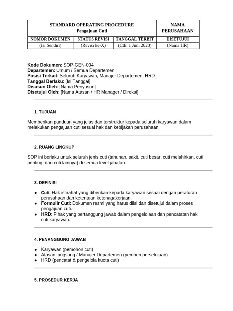 SOP Pengajuan Cuti Karyawan Perusahaan | PDF