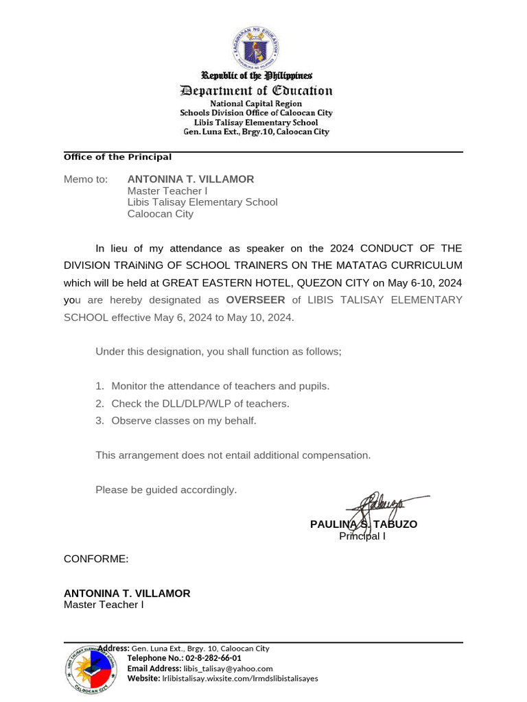 Designation of OIC at Libis Talisay School | PDF