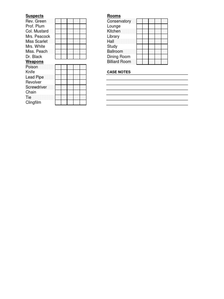 Printable Clue Game Sheets | PDF | Room | Violence
