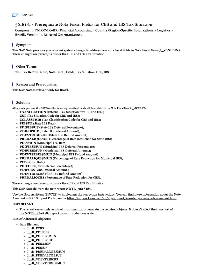 SAP NOTE 3618181 - Prerequisite Nota Fiscal Fields For CBS and IBS Tax ...